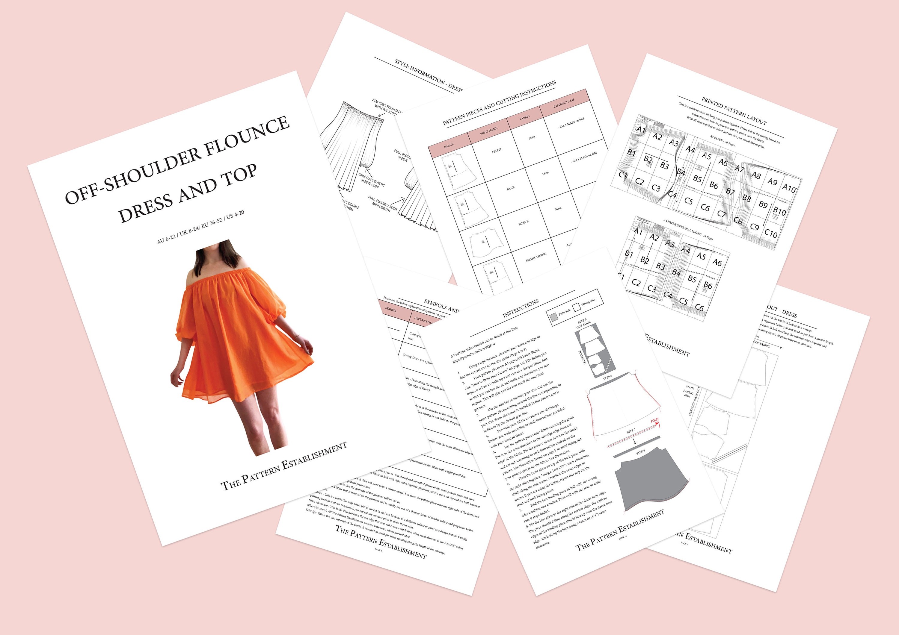 Off Shoulder, Flounce Dress Sewing Pattern, Ladies Downloadable ...