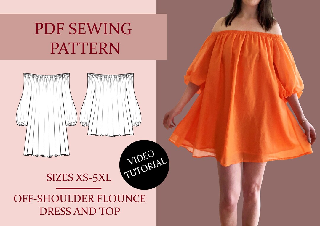 Off Shoulder, Flounce Dress Sewing Pattern, Ladies Downloadable ...