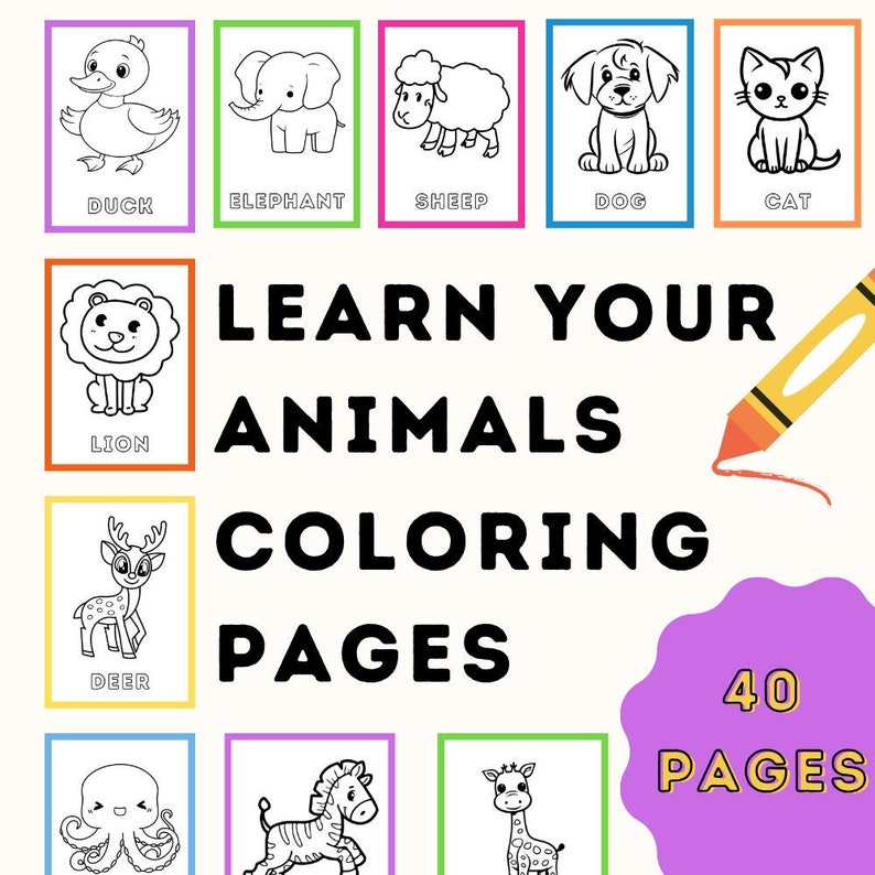 Animal Coloring Pages for Kids Learn and Color, Digital Download Easy ...