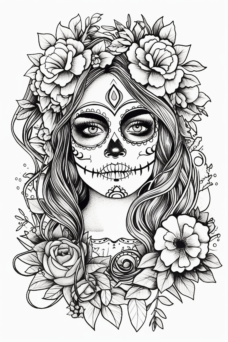 Sugar Skull Printable Coloring Pages: Day of the Dead, Fantasy Art (50 ...