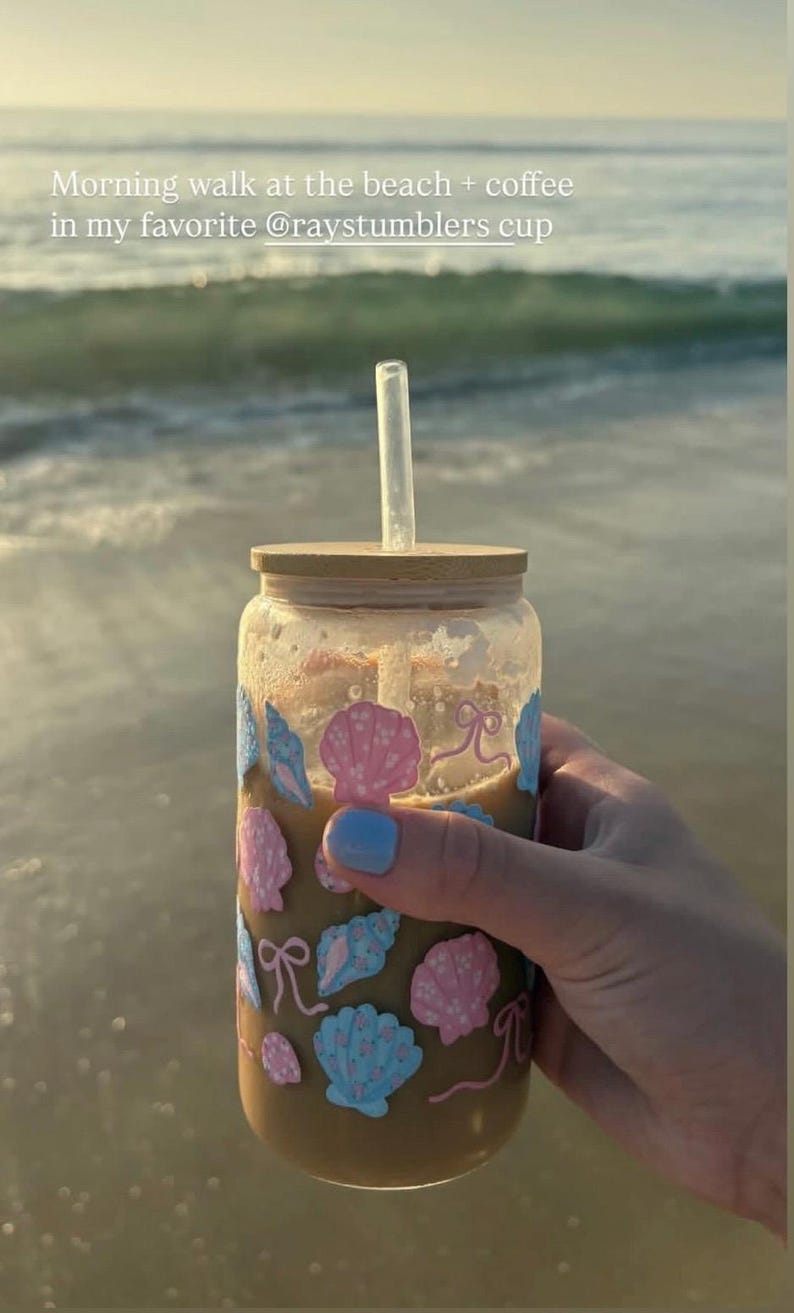 Seashells & Bows Glass Tumbler, Seashell Glass Cup, Beach Vibe Iced ...