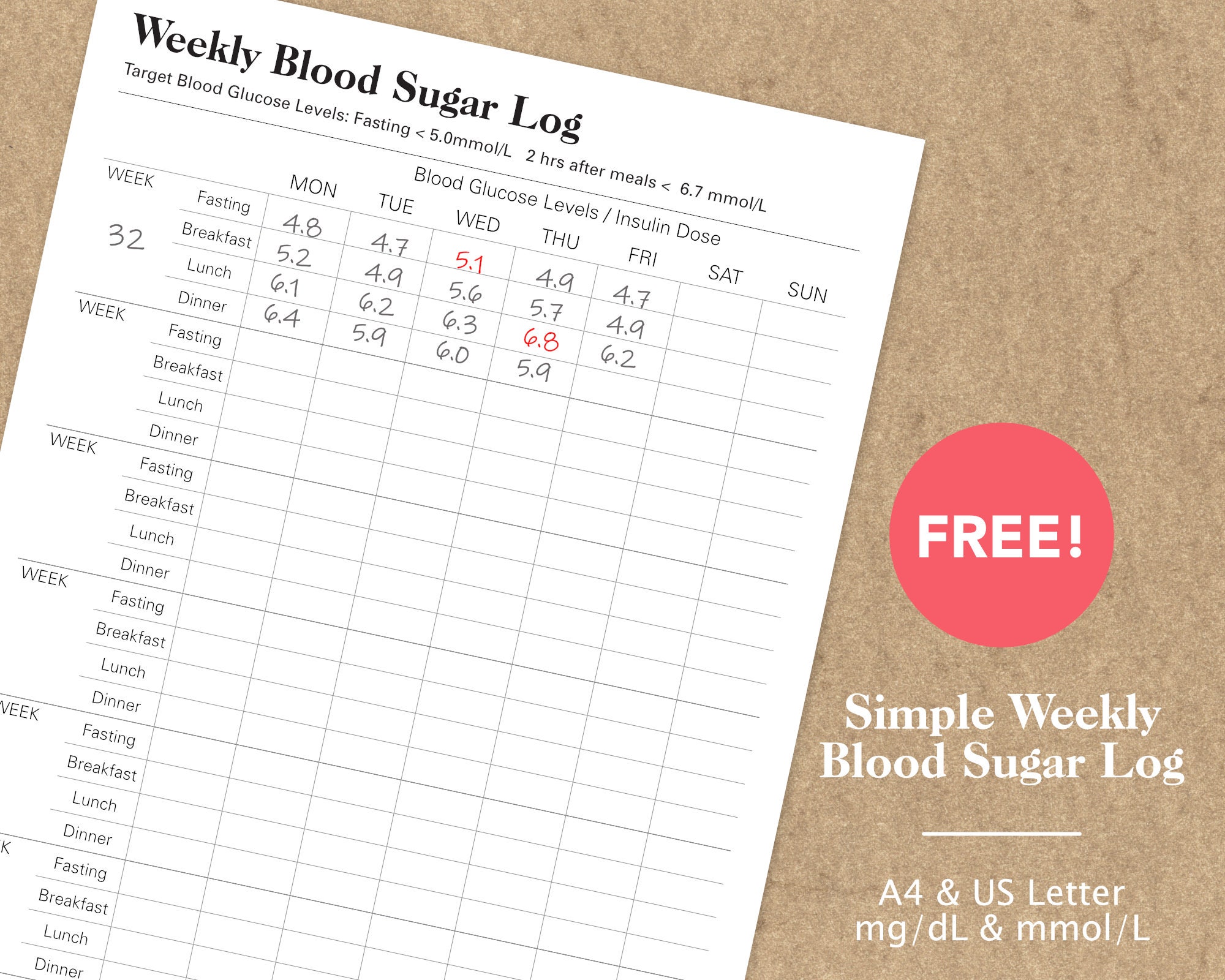 Detailed Food & Blood Sugar Log, Diabetes Glucose Level Tracker, Daily ...