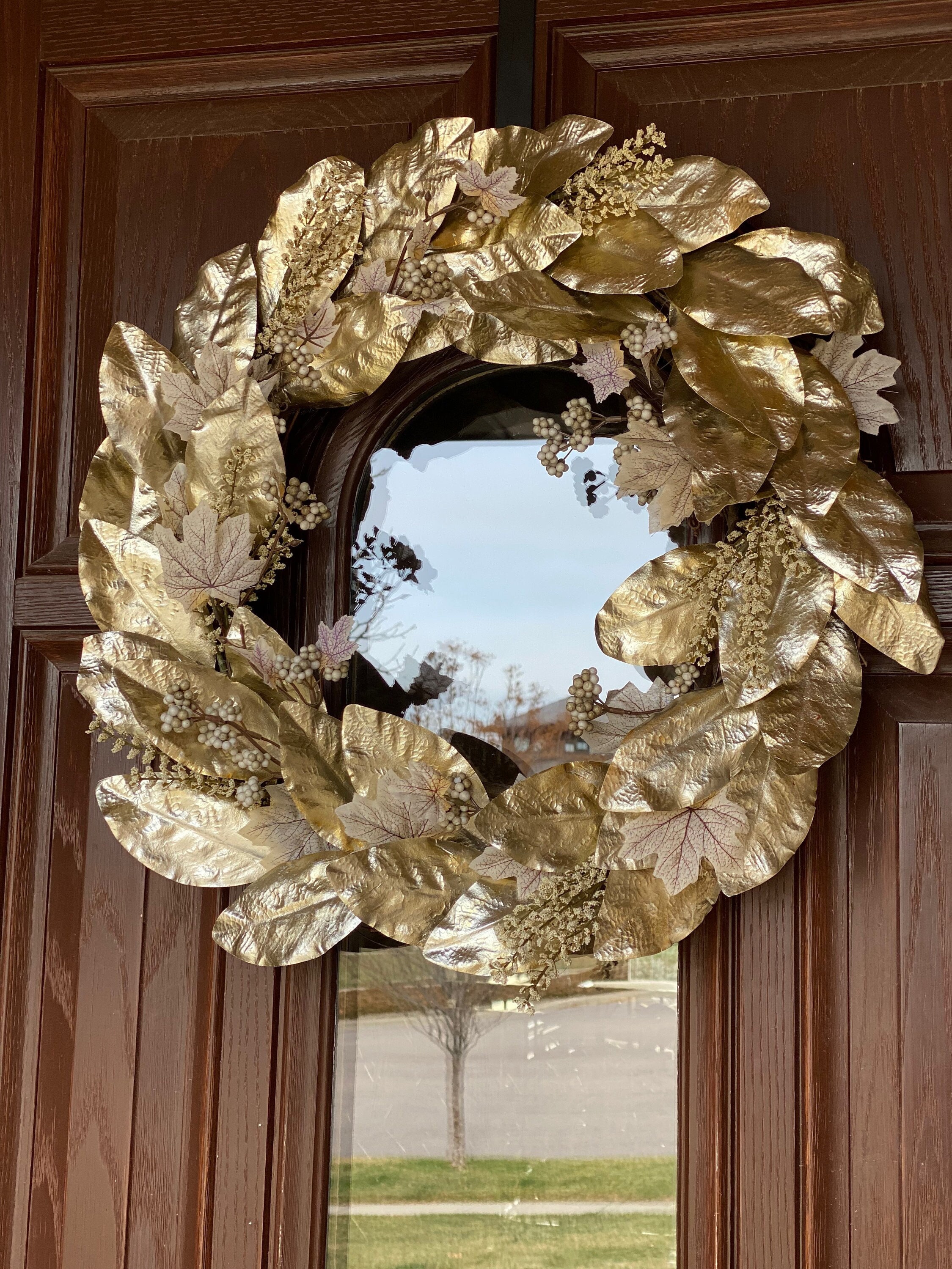 Magnolia Wreath, Christmas, Holiday Wreath With Gold Magnolia Leaves ...