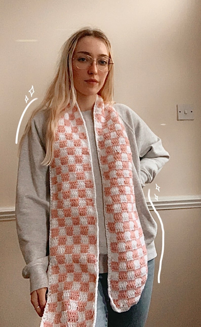 Pink and White Checkered Crochet Scarf - Etsy
