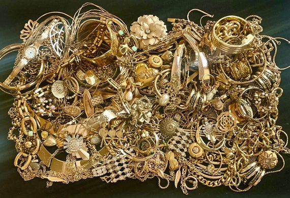 ALL GOLD TONE Jewelry Vintage to Now Estate Costume Bulk Lot Wearable Chains Bracelets Brooches Earrings Rings Necklaces Mystery Bag Etsy