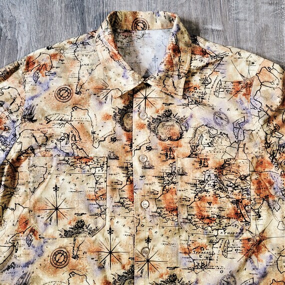 Vintage 60s 70s World Map Shirt Vtg Loop Collar Atlas… - Gem