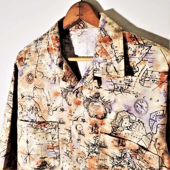 Vintage 60s 70s World Map Shirt Vtg Loop Collar Atlas… - Gem
