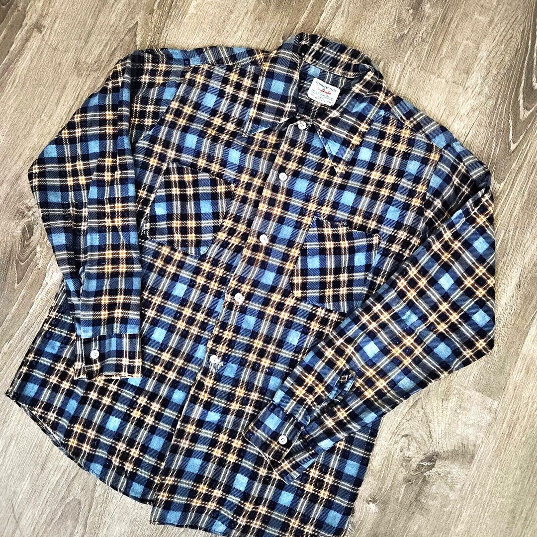Vintage 60s 70s Donlin Plaid Flannel Shirt Distressed Grunge Chore Work ...