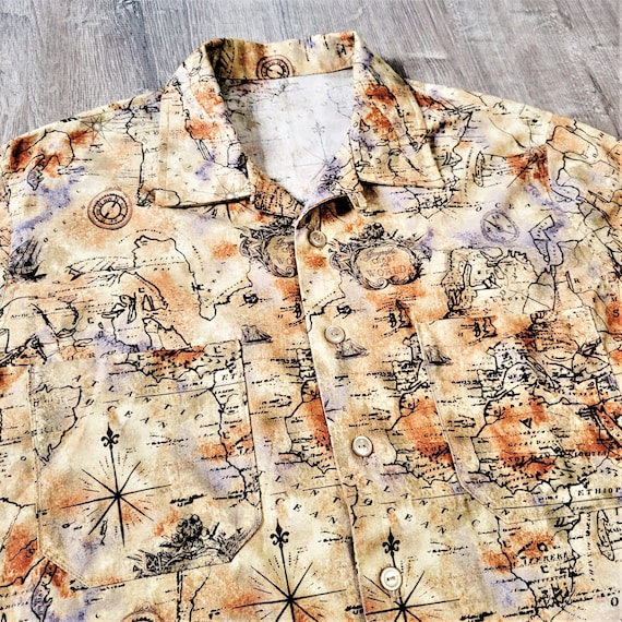 Vintage 60s 70s World Map Shirt Vtg Loop Collar Atlas… - Gem