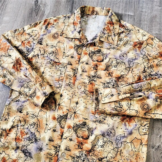 Vintage 60s 70s World Map Shirt Vtg Loop Collar Atlas… - Gem