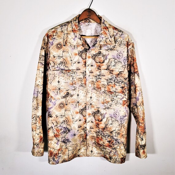 Vintage 60s 70s World Map Shirt Vtg Loop Collar Atlas… - Gem