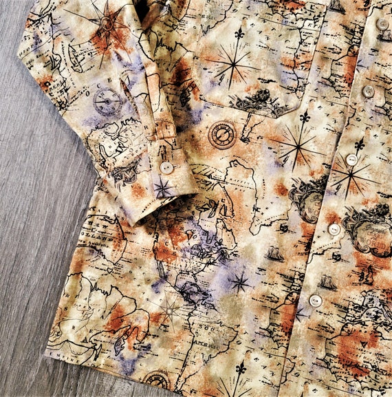 Vintage 60s 70s World Map Shirt Vtg Loop Collar Atlas… - Gem