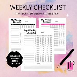 Weekly Checklist Printable PDF Template - A4/a5/letter (3 Colors) / Instant Download/planner ...