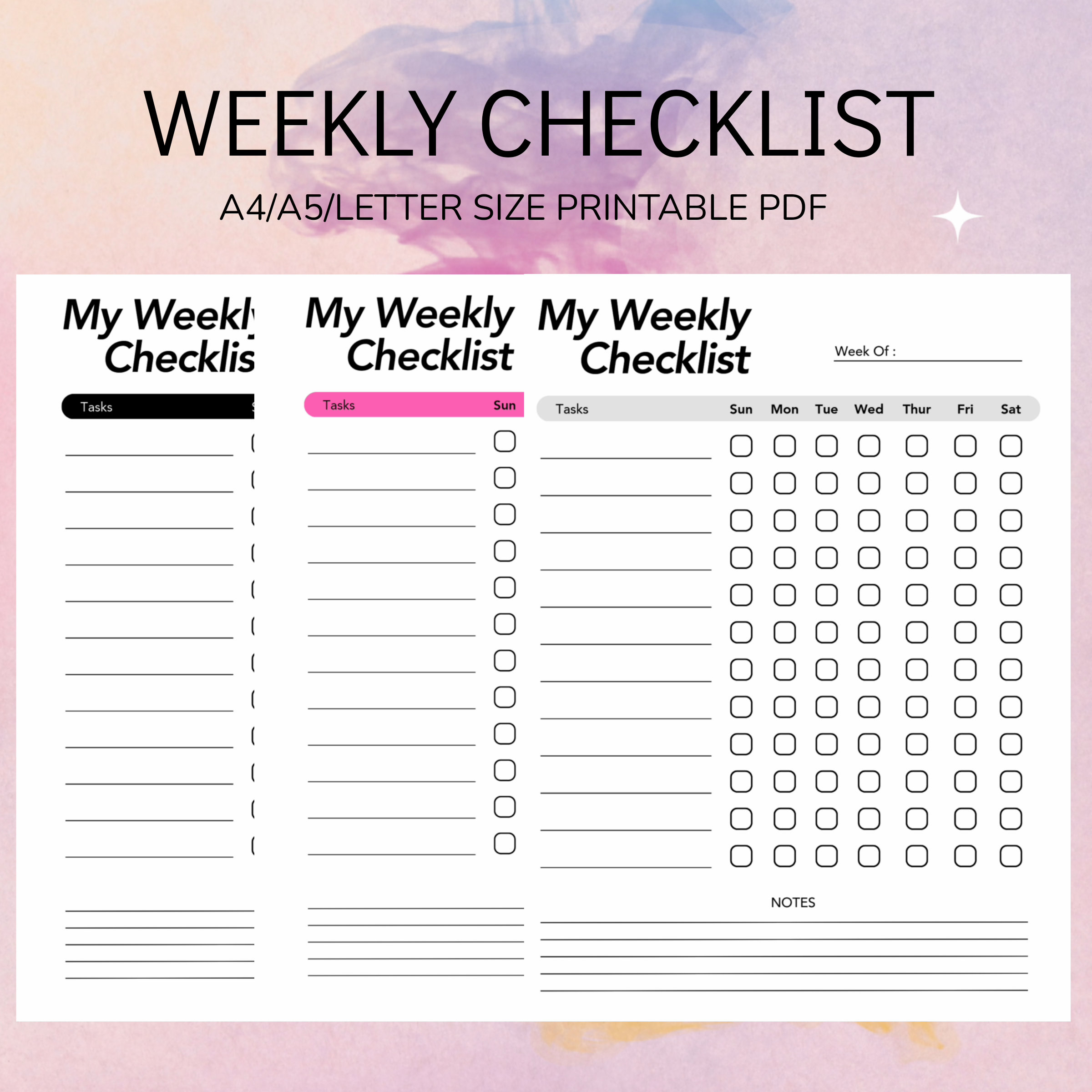 Weekly Checklist Printable PDF Template - A4/a5/letter (3 Colors ...