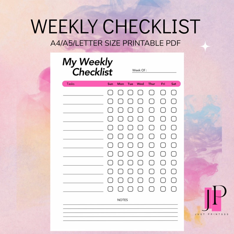 Weekly Checklist Printable PDF Template - A4/a5/letter (3 Colors ...