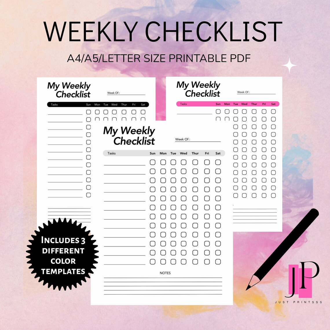 Weekly Checklist Printable PDF Template A4/a5/letter 3 Colors / Instant ...