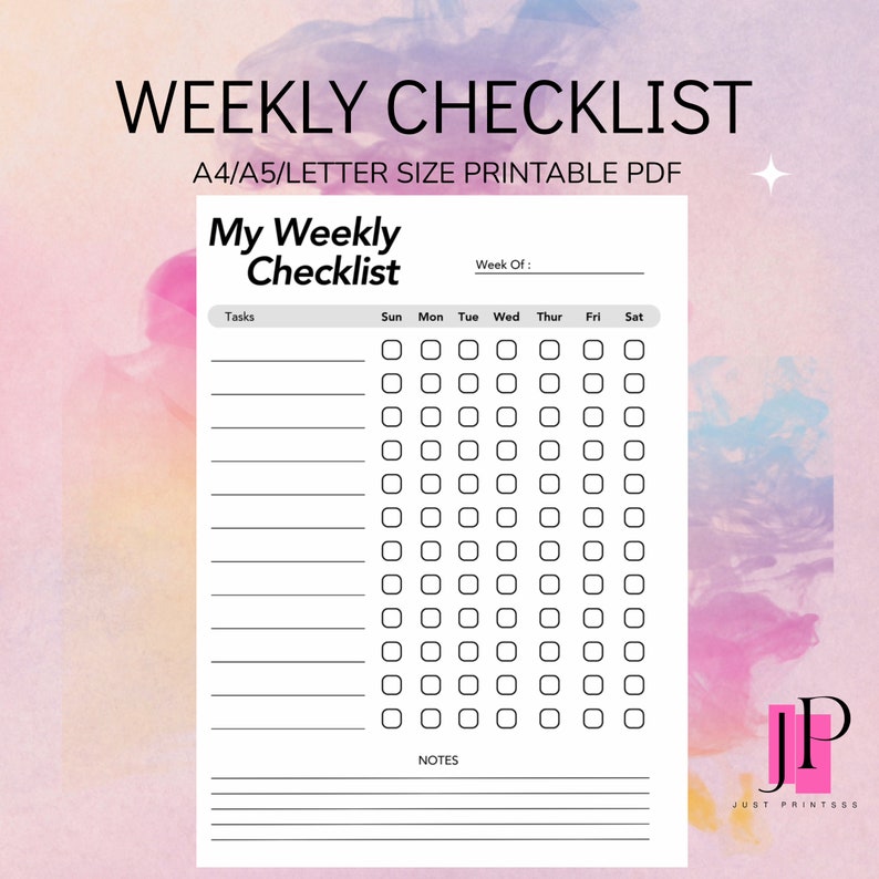 Weekly Checklist Printable PDF Template - A4/a5/letter (3 Colors ...