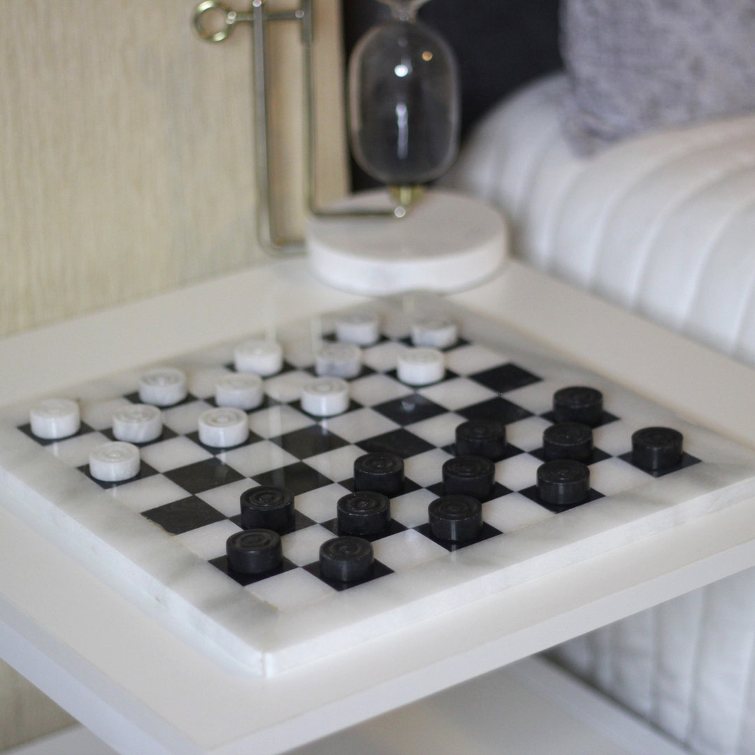 Handmade Marble Checkers Set: Black & White, 12-inch, With Velvet Case ...