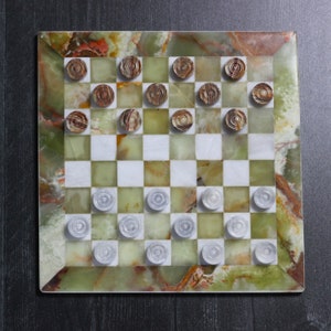Green Onyx Checkers Set: Handmade Marble Board Game With Storage Case ...