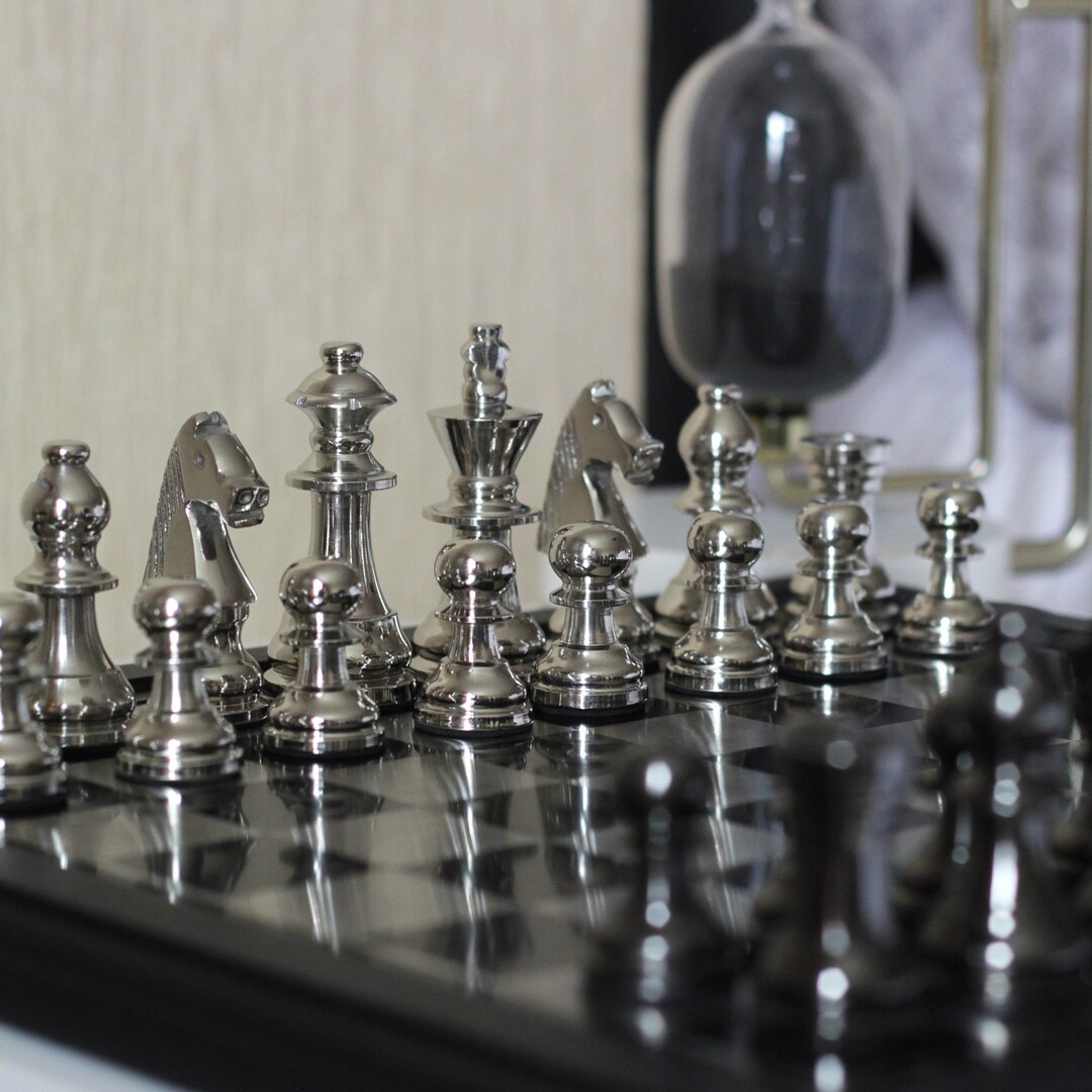 Metallic Silver and Black Chess Set With Pieces Modern Chess Set, Metal ...