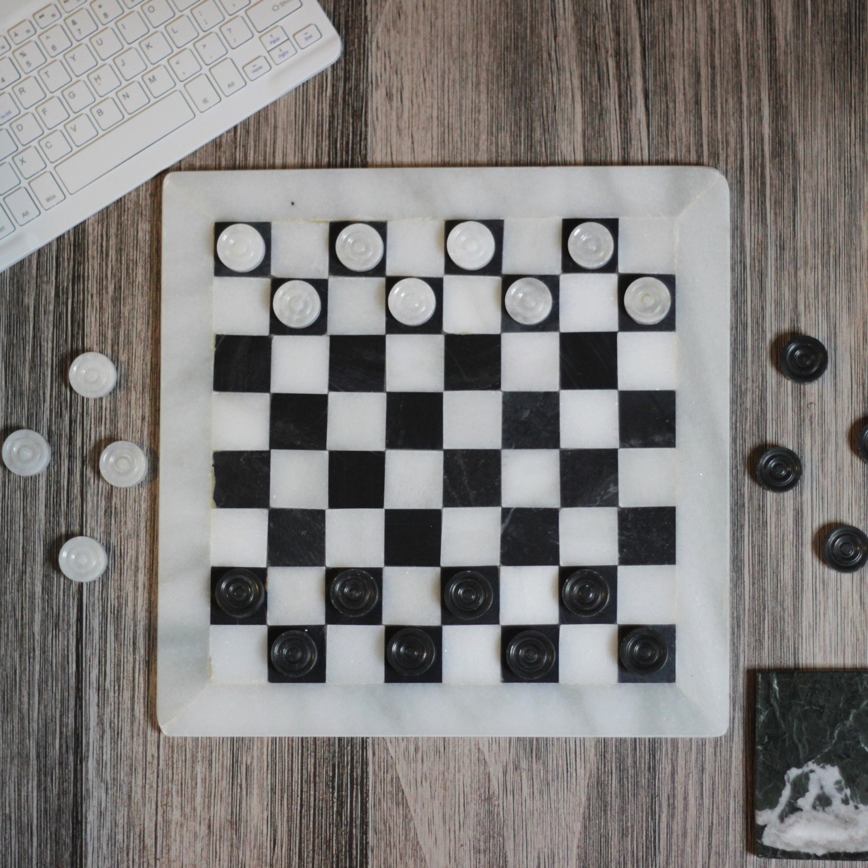 Handmade Marble Checkers Set: Black & White, 12-inch, With Velvet Case ...