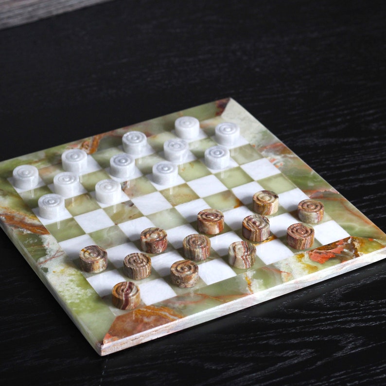 Green Onyx Checkers Set: Handmade Marble Board Game With Storage Case ...