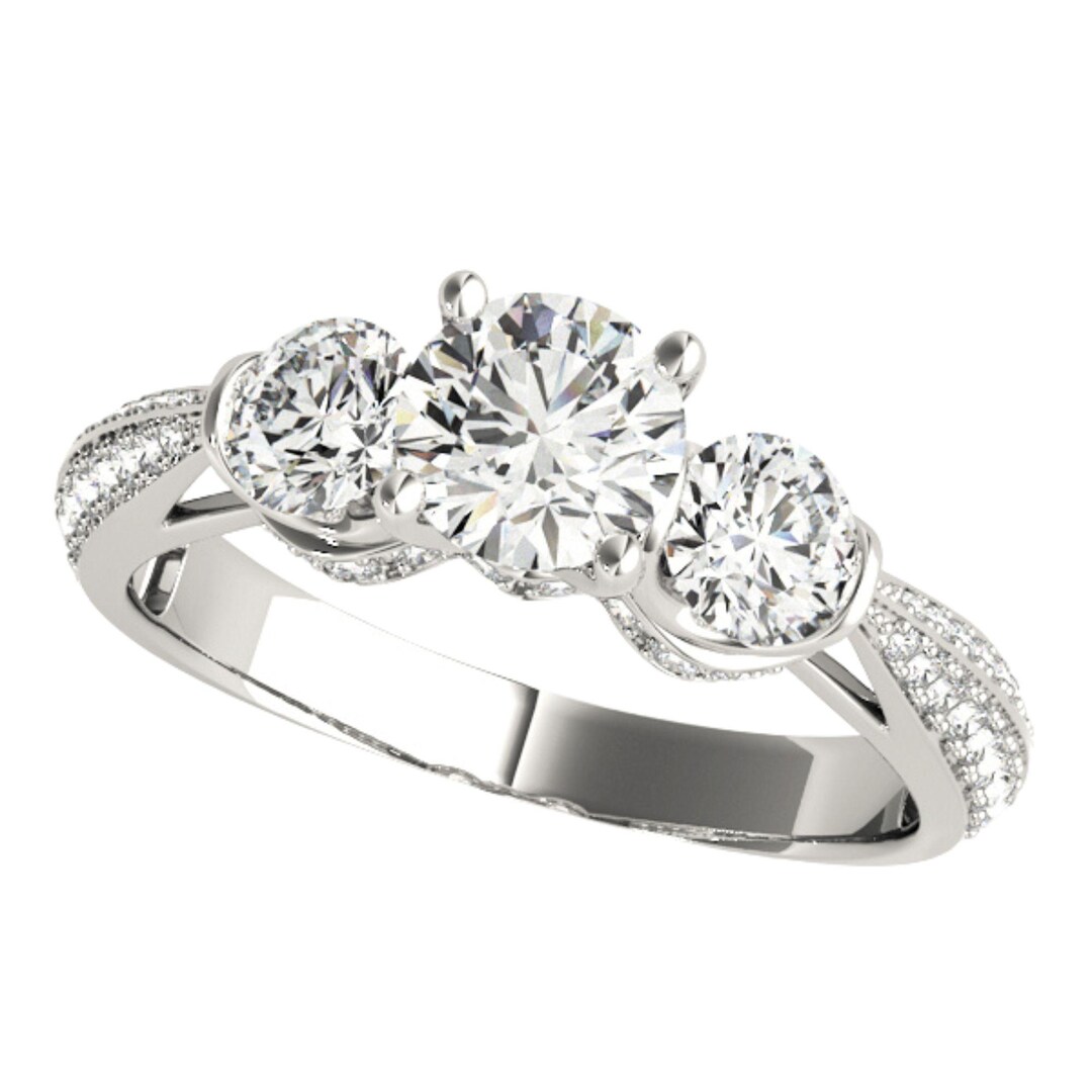Vintage 3-stone Pave Hidden Halo Engagement Ring, 14K Yellow Gold ...