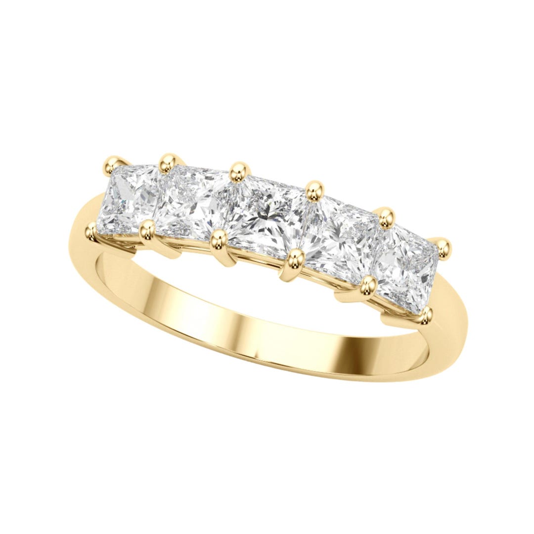 5 Stone Square Cut Lab Grown Diamond Ring, 9K Solid Gold Wedding Band ...