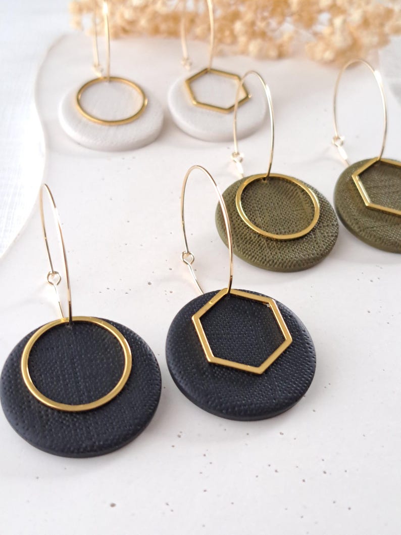 Neutral Polymer Clay Earrings, 18K Gold Hoops, Handmade Dangle Earrings ...