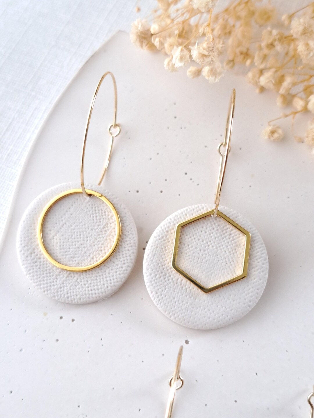Neutral Polymer Clay Earrings, 18K Gold Hoops, Handmade Dangle Earrings ...