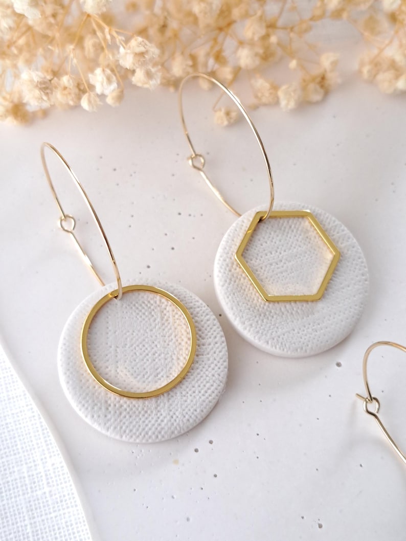 Neutral Polymer Clay Earrings, 18K Gold Hoops, Handmade Dangle Earrings ...
