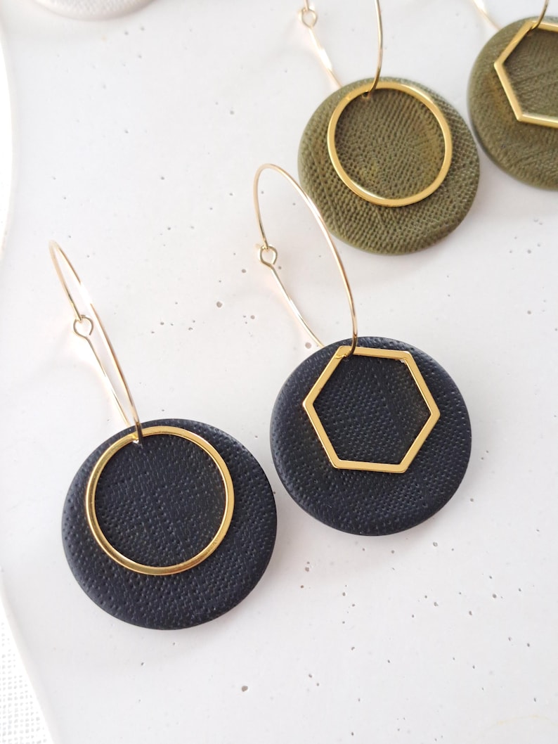 Neutral Polymer Clay Earrings, 18K Gold Hoops, Handmade Dangle Earrings ...