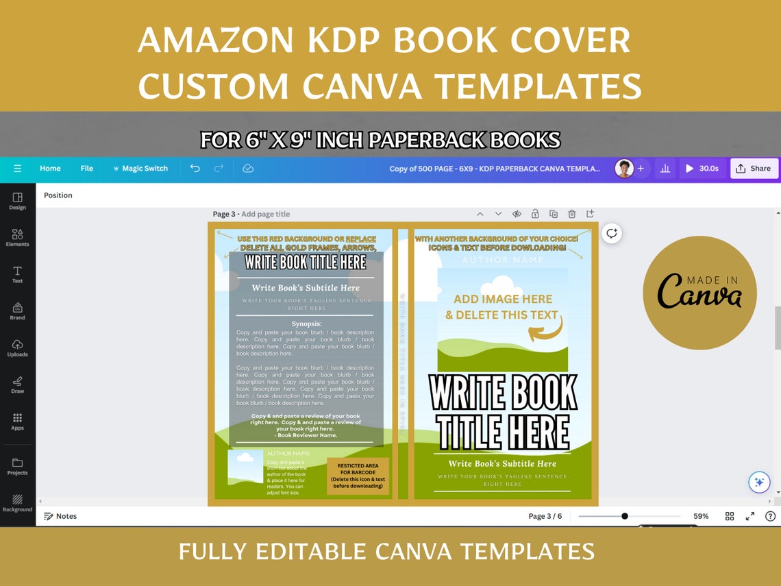Editable Canva Book Cover Templates: 6x9" KDP Paperback (digital ...