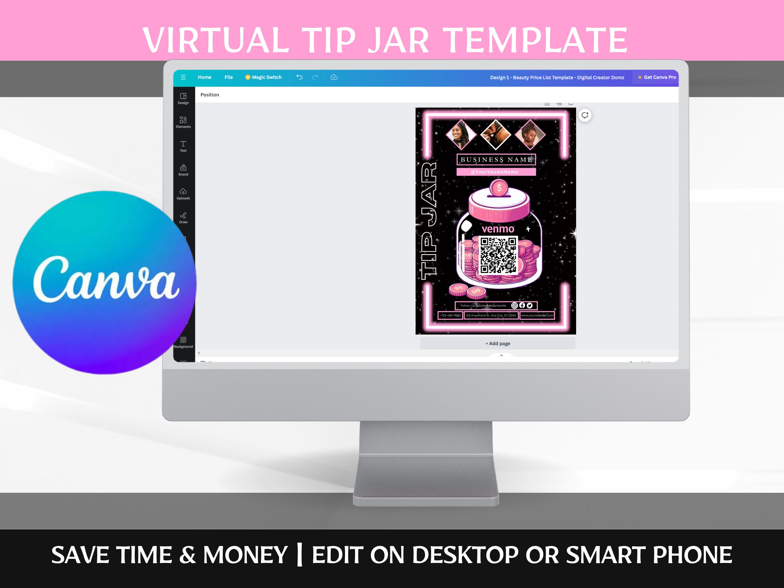 Editable Virtual Tip Jar Sign: Scan to Pay Canva Template (digital ...