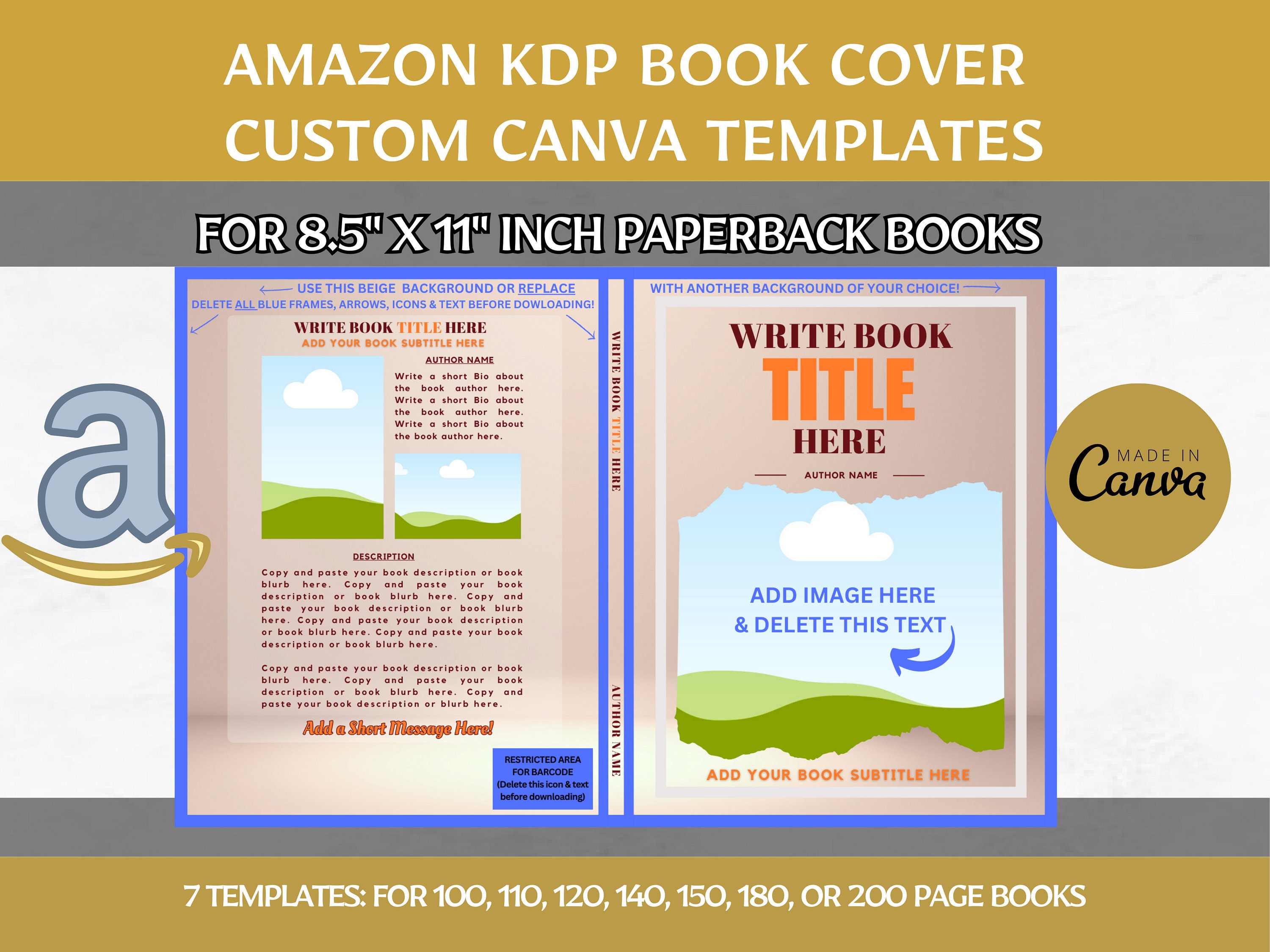 Editable Canva Book Cover Templates, 8.5x11" Paperback Amazon KDP Book ...