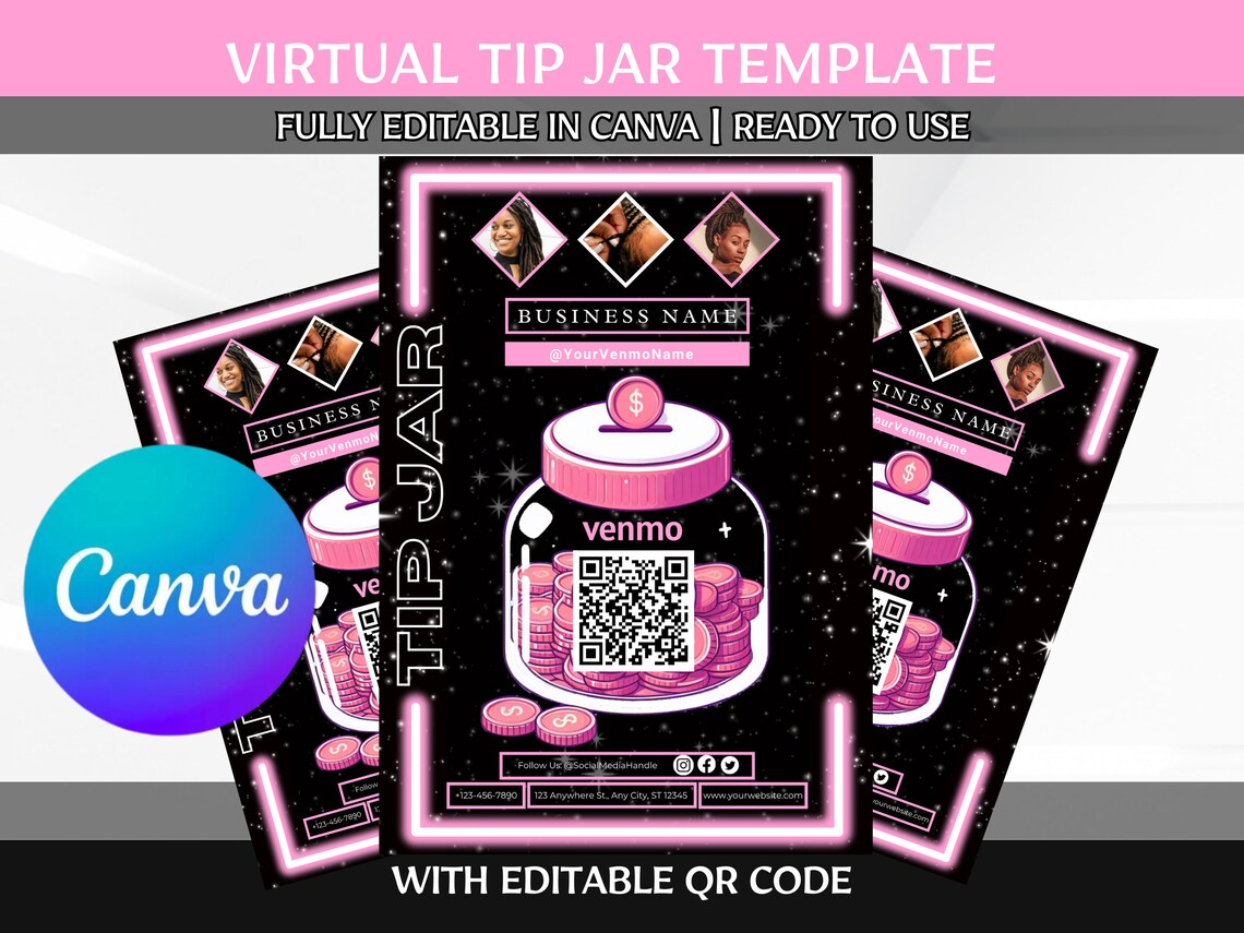 Editable Virtual Tip Jar Sign: Scan to Pay Canva Template (digital ...