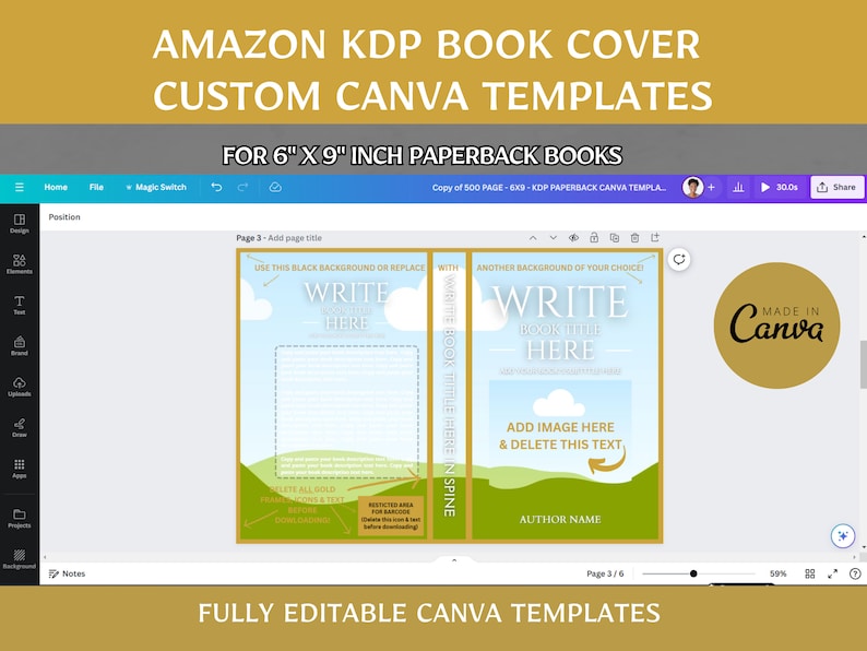 Editable Canva Book Cover Templates, 6x9" Paperback Amazon KDP Book ...