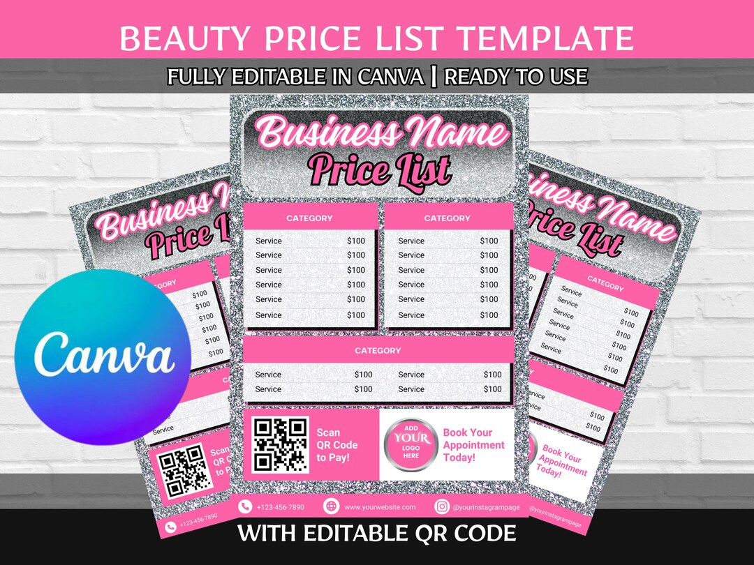 Editable Price List Template, Beauty Price List Canva Template, Pink ...