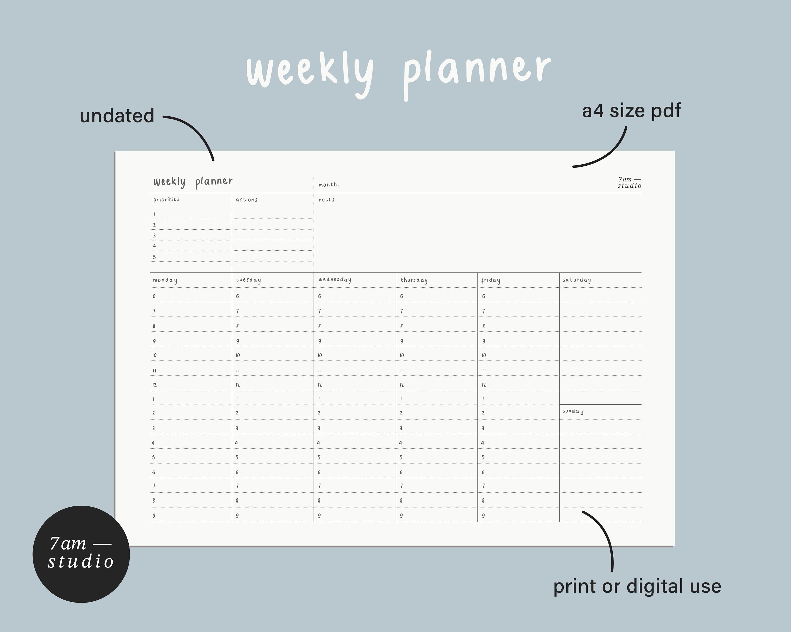 Undated WEEKLY PLANNER Printable PDF / Digital Use — Instant Download ...