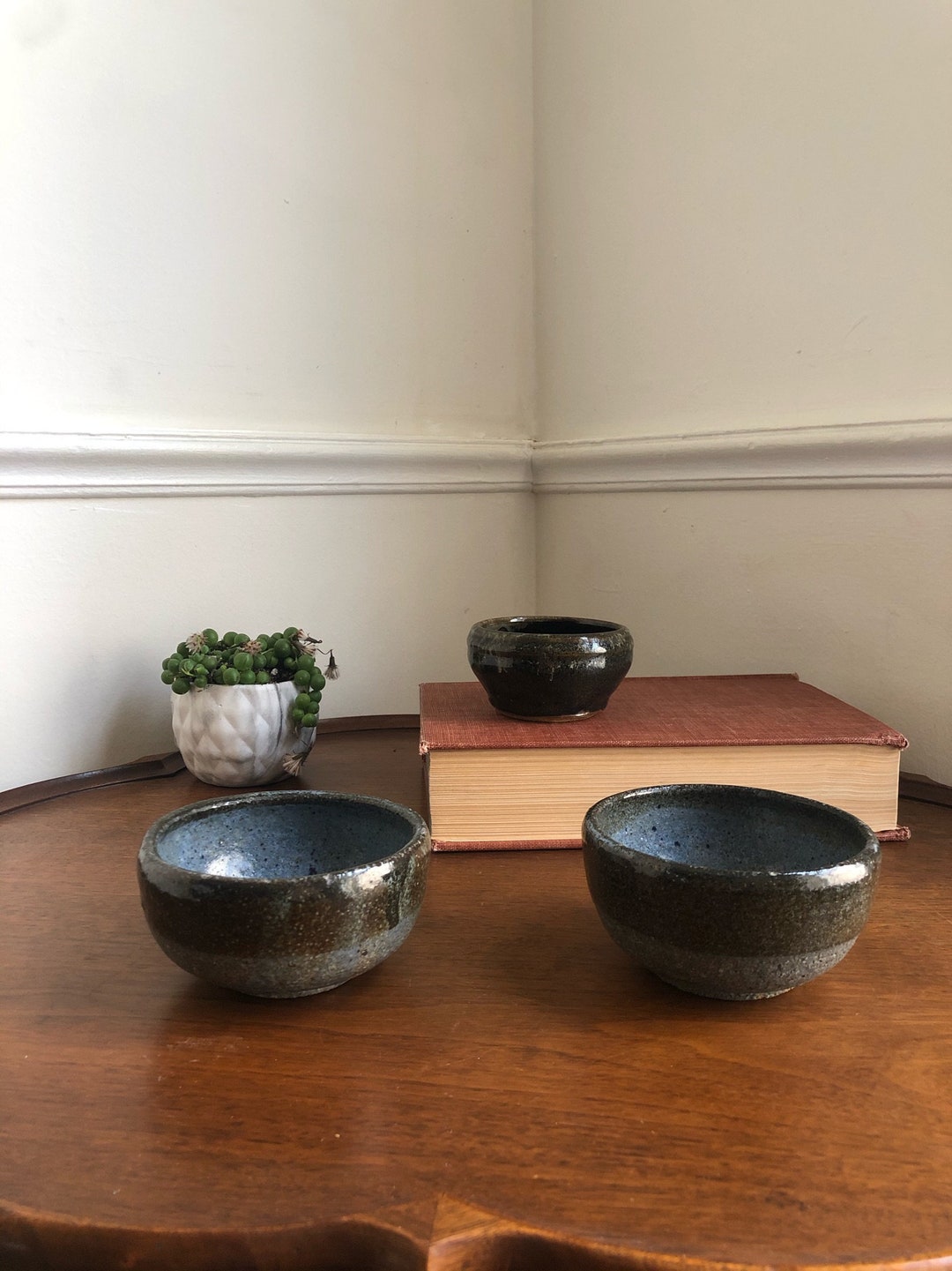 Vintage Blue Stoneware Pottery Bowls – Hand-thrown Pottery Planter Pots ...