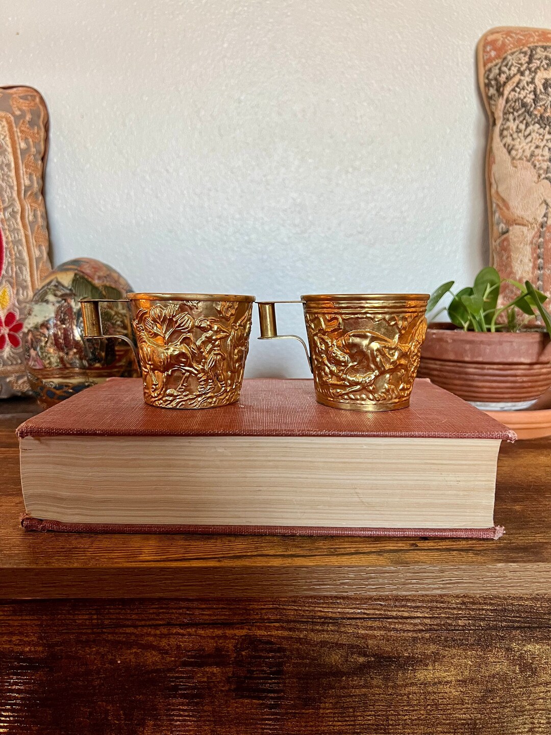 Vintage Brass Stag and Bull Relief Wine Cups - Made in Greece, Margo ...