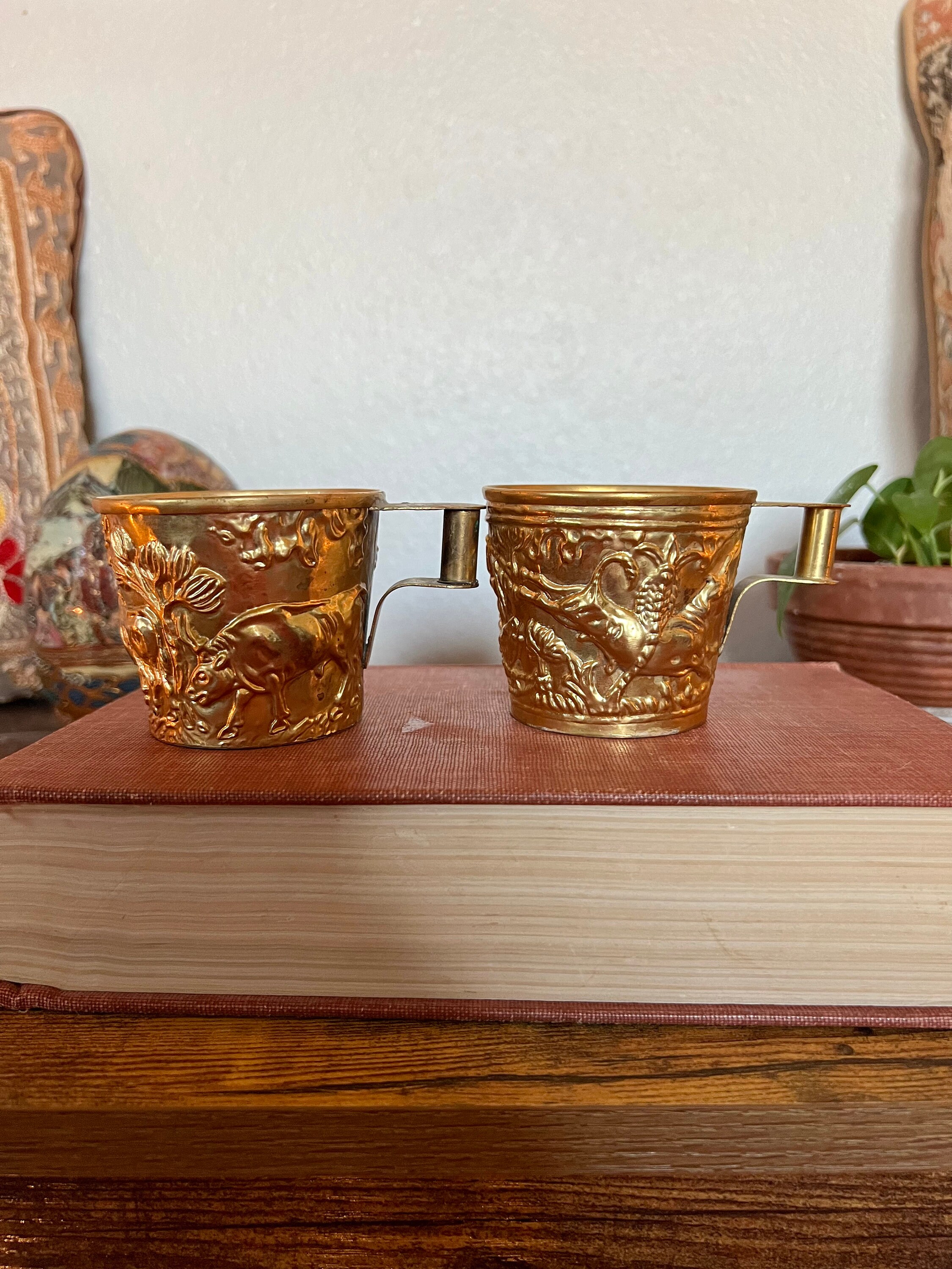 Vintage Brass Stag and Bull Relief Wine Cups Made in Greece, Margo, - Etsy