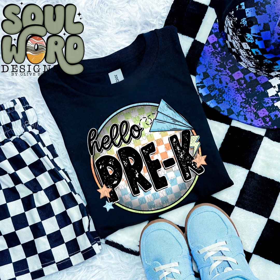 Hello Pre-k Blue Checker Sublimation Design, Back to School Design for ...