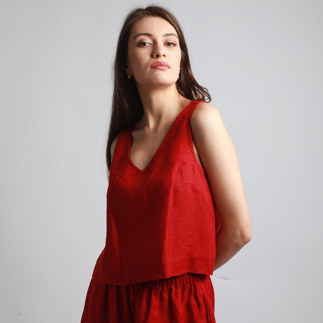 Boho Chic LILLE Cropped V-neck Sleeveless Linen Top for Summer, Knotium ...