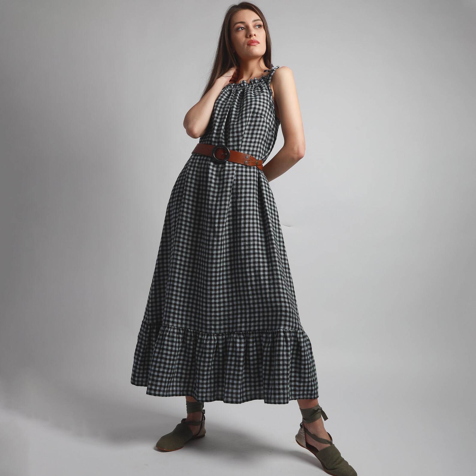 CLOVER Maxi Halter Linen Dress With Ruffles, Romantic Linen Dress ...
