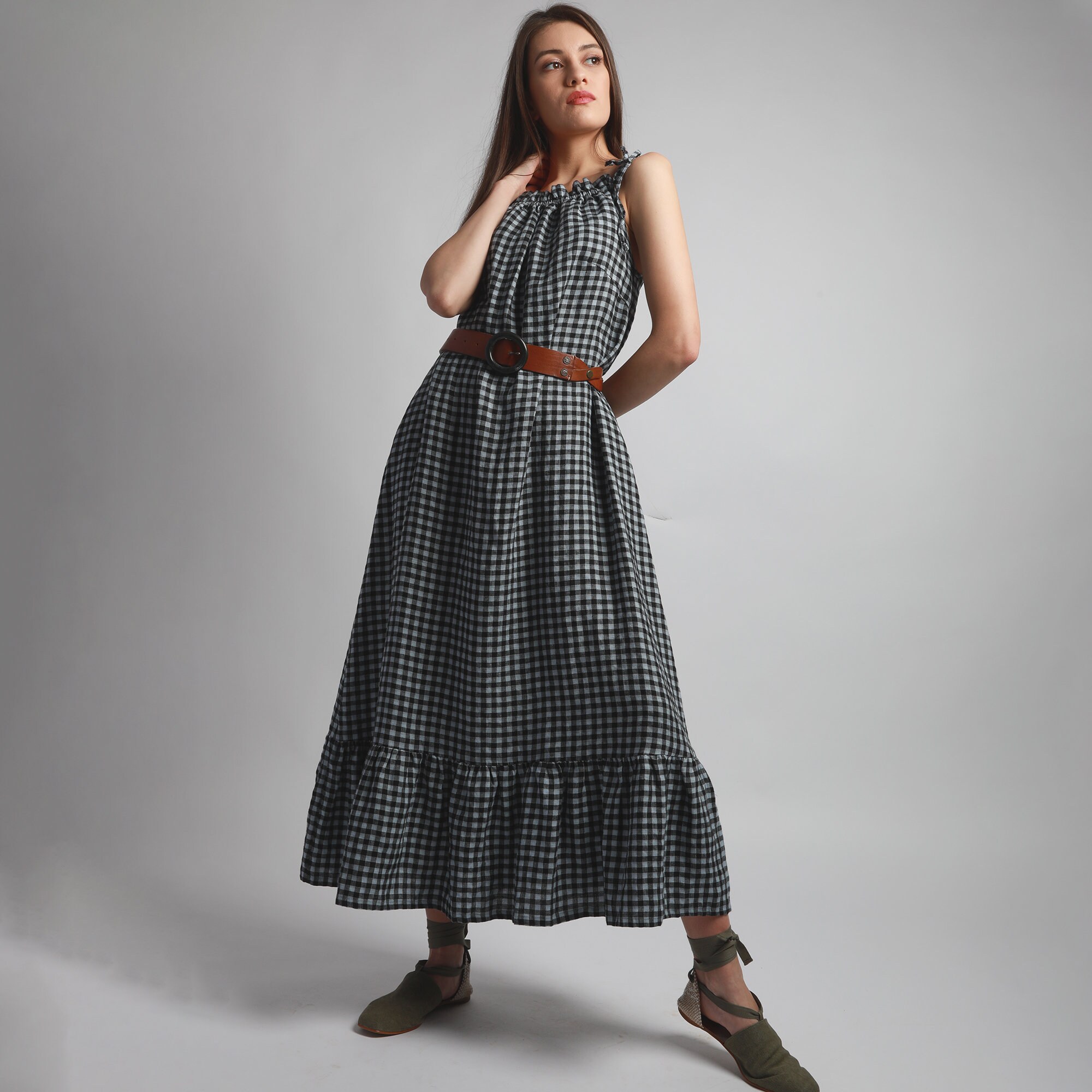 CLOVER Maxi Halter Linen Dress With Ruffles, Romantic Linen Dress ...