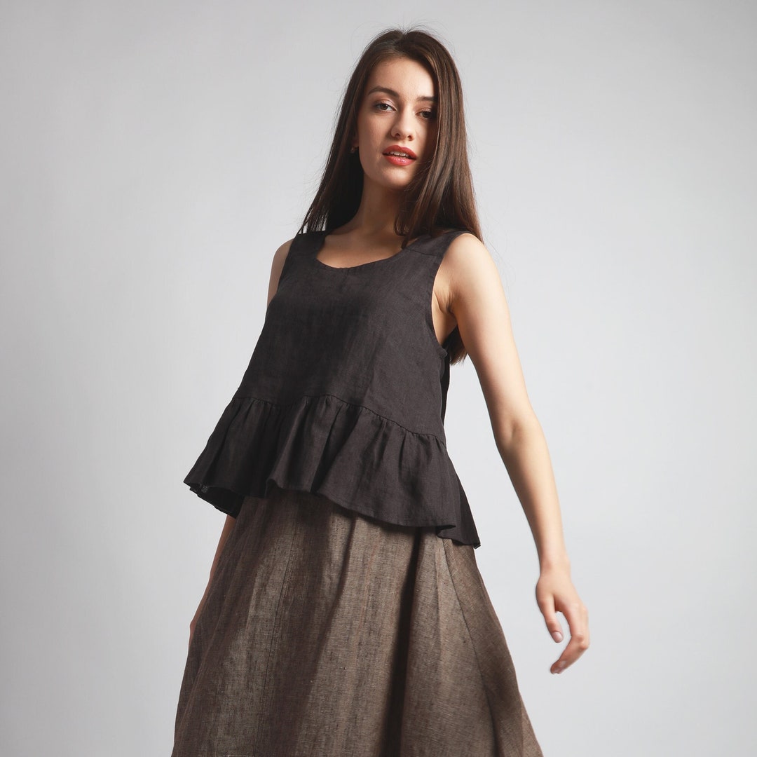 KORY Elegant Cropped Linen Top With Ruffles, Sleeveless Linen Top ...