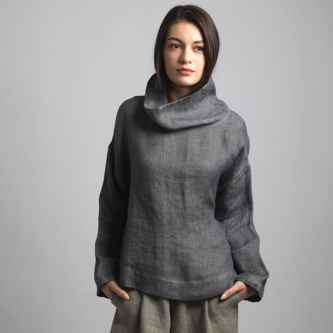 ASTOR Linen Pullover – Double Layer Cowl Neck Top, OEKO-TEX Certified ...