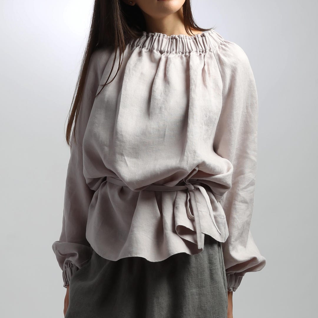ARIEL Puff Sleeve Linen Blouse, Oversized Poet Top, Handmade Natural ...