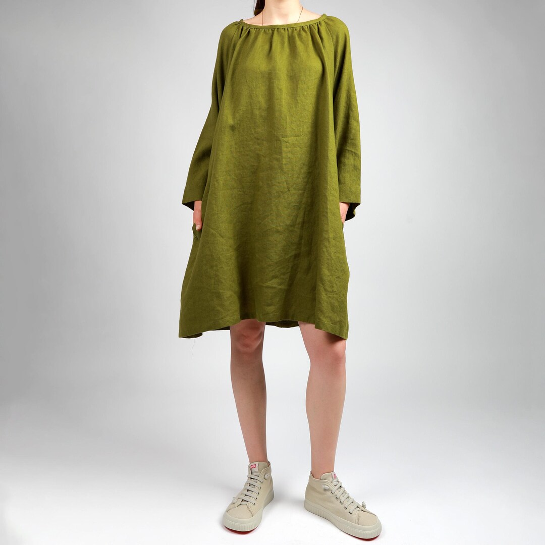 Voluminous Linen Tunic Dress: Raglan Wide Sleeves, Stonewashed European ...